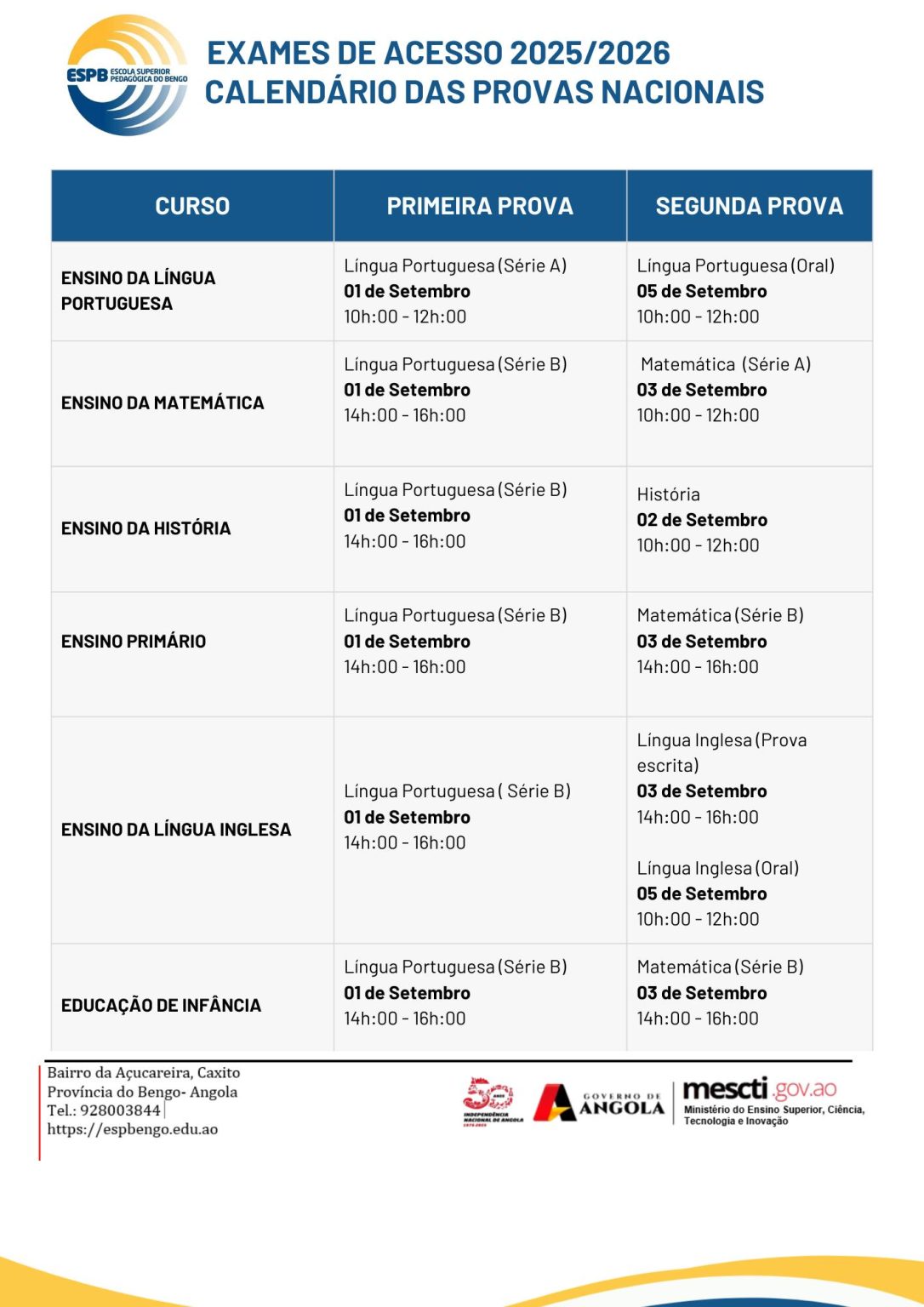 Calendário dos Exames Nacionais de Acesso 2025/2026 - Escola Superior ...